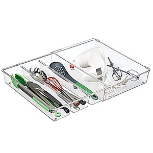 mDesign Plastic Adjustable/Expandable Divided Drawer Storage Organizer with 4 Compartments for Kitchen Pantry, Cupboard, Cabinet, Hold Silverware, Utensils, Cutlery - Ligne Collection - 2 Pack - Clear