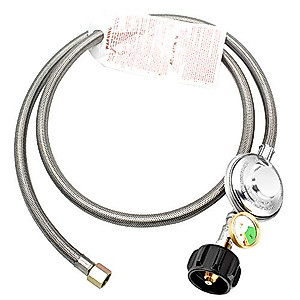 MCAMPAS 5 FT Propane Hose Regualtor with Gauge,QCC1 Stainless Steel Braided Hose and 3/8" Female Flare Nut for Weber Grill, Propane Heater, Patio Heater, Fire Pit,Burner Stove,Smoker,Water Heater