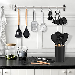 LIANYU 30 PCS Silicone kitchen Cooking Utensils Set with Holder, Heat Resistant Kitchen Essentials Utensils Set Wooden Handle, Cooking Tools Set Including Tuner, Spatula, Spoon, Ladle, Black