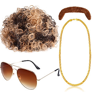 Frienda 4 Pcs 70s 80s Disco Wig Costume Set,Includes Disco Hippie Short Curly Wig,Disco Sunglasses,Moustache and Faux Gold Chain Necklace Afro Brown Wig for Disco Men Women Party