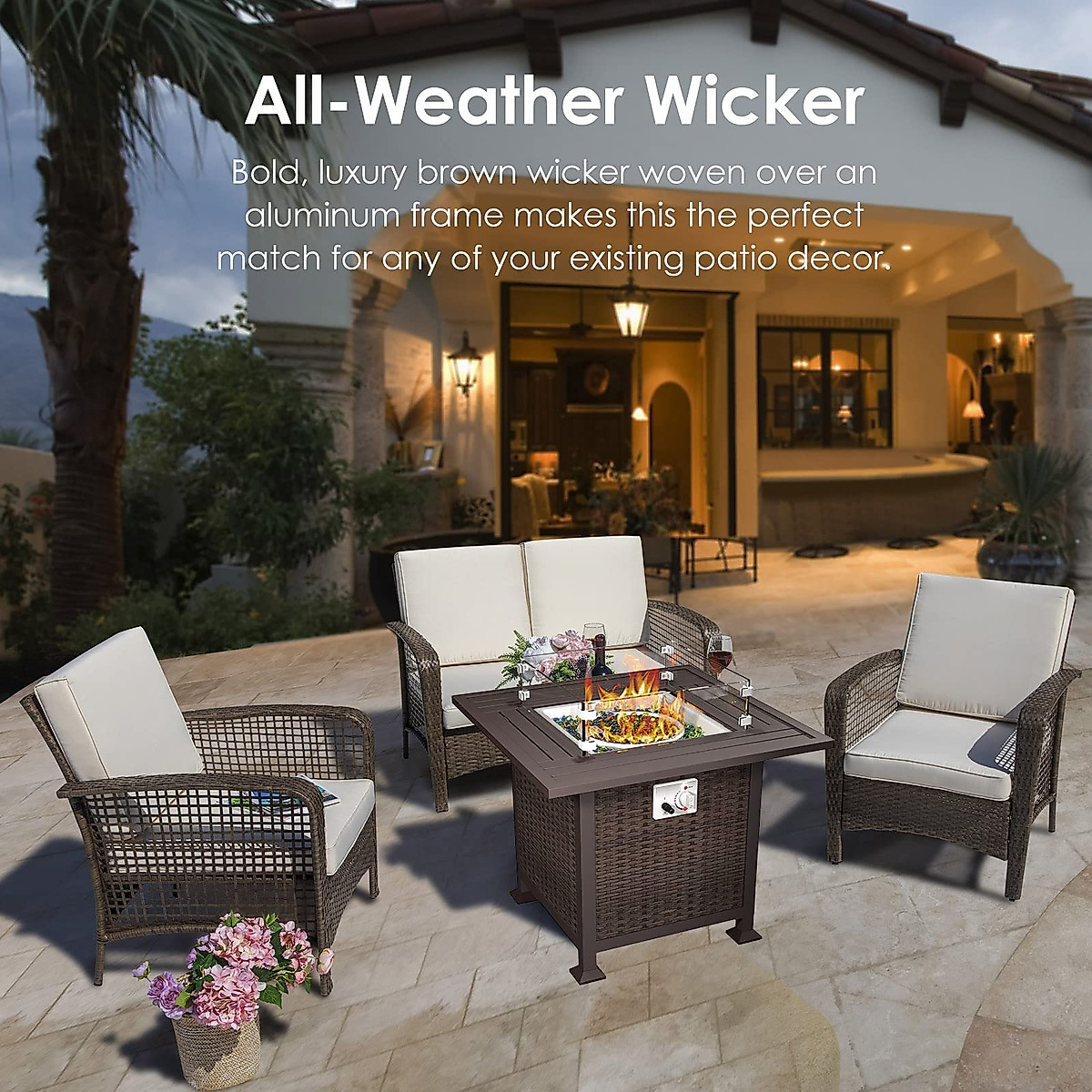 VONZOY 32 Inch Outdoor Gas Fire Pit Table, 50,000 BTU Wicker Propane Firepit w/Glass Tabletop, Glass Wind Guard, Clear Glass Rocks and Cover