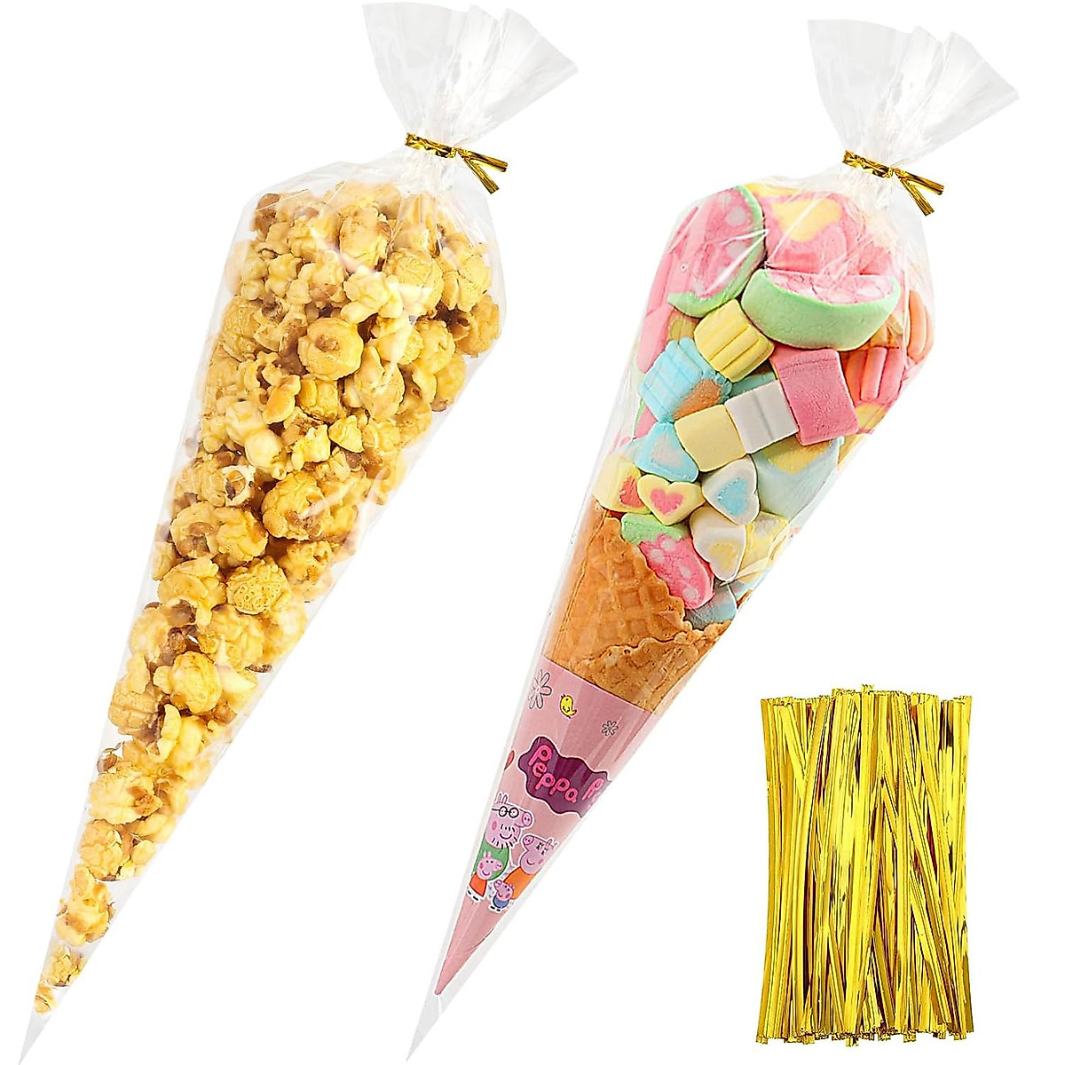 Cone Shaped Treat Bags, 100 Pcs Clear Popcorn Bags Bulk 7x15 In Cellophane Treat Bags with Twist Ties Small Triangle Plastic Cone Bags for Gift Giving Individual Servings Party Favor Candy Snack Wraps