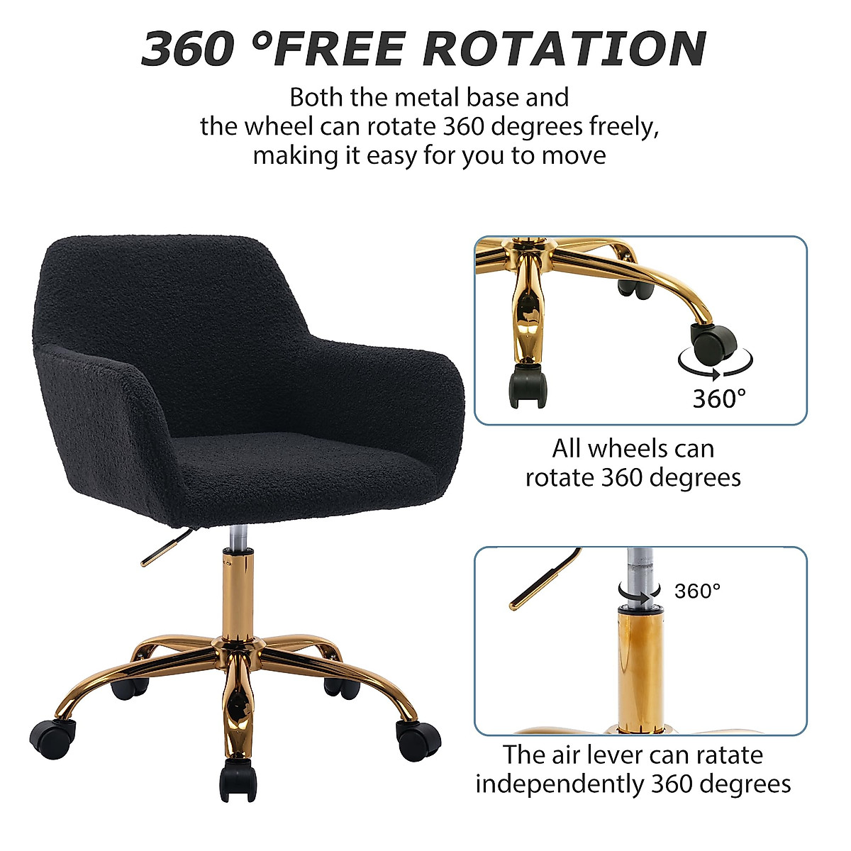 KCC Faux Fur Office Desk Chair, Comfy Swivel Armchair with Wheels, Upholstered Fuzzy Vanity Chair, Adjustable Seat Height, Black