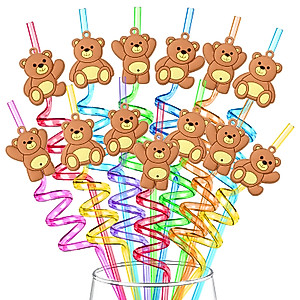 24 Pieces Bear Party Favor Bear Party Straws Reusable Bear Straws Kids Bear Drinking Straw for Bear Baby Shower Birthday Party Supplies with 2 Cleaning Brushes