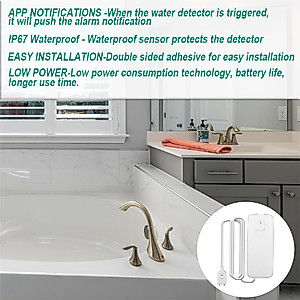 WiFi Water Sensor 100dB Alarm, Smart Water Leak Detector, Tuya APP Free Remote Monitoring of Leakage, 5.9FT Detection Line, Mute / 6 Ringtones Adjustable, Can Open SMS and Phone Notification Function