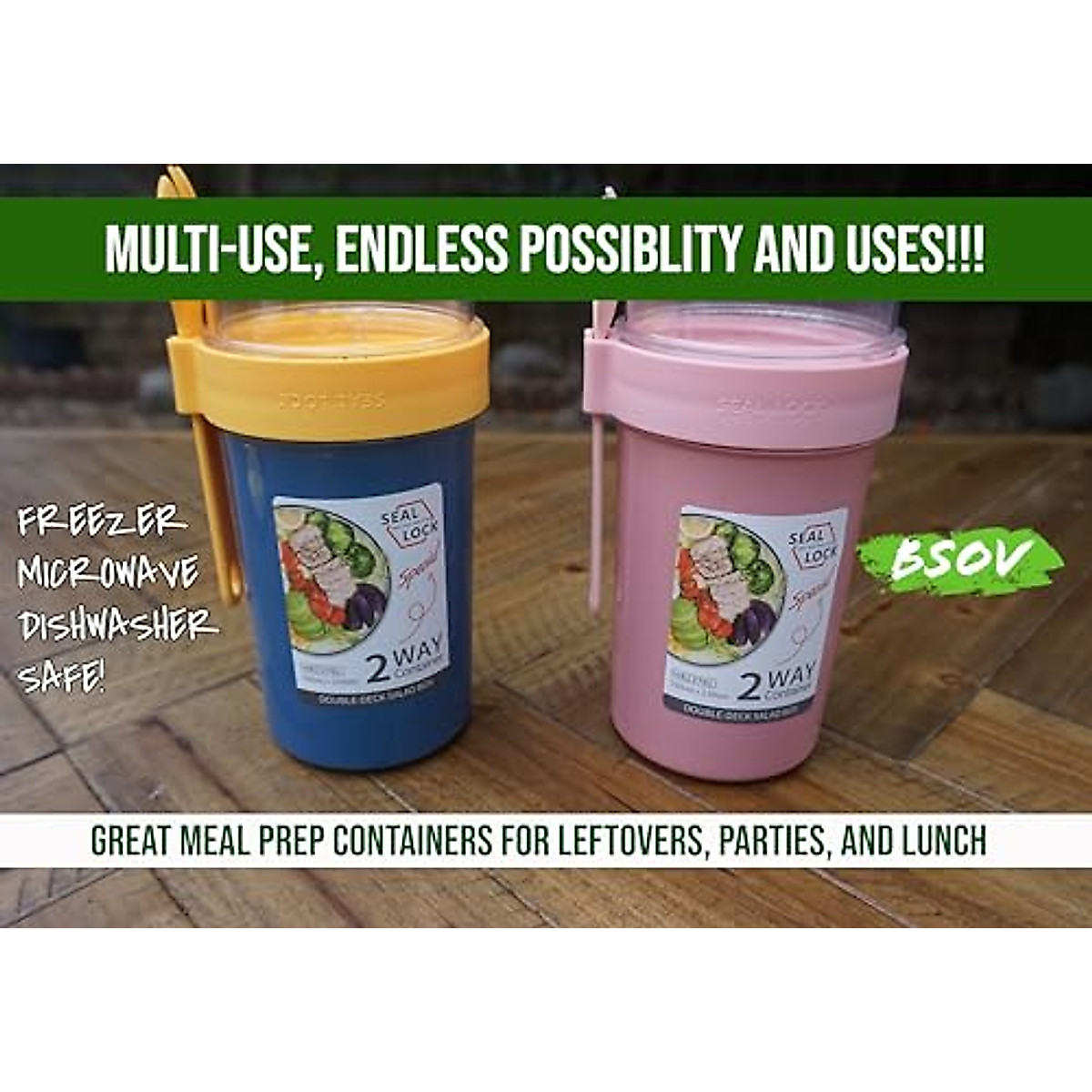 BSOV 2 in 1 Salad To Go Container Lid & Cereal Oats Yogurt Take Out Container with Fork & Dressing Pod, On the Go Portable Food Meal Prep Storage for Lunch and Jar, 3 Compartments (Pink)