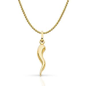 14K Yellow Gold Cornicello Italian Horn Fortune Charm Pendant with 1.2mm Flat Open Wheat Chain Necklace - 18"