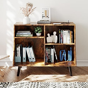 Ethlomoer Storage Organizer BookShelf with Outlets, 3 Tier Mid-Century Modern Bookcase with Legs, Freestanding Wood Open Bookcase, Retro Industrial Horizontal Bookcase for Bedroom, Living Room, Office