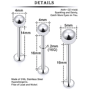 Kridzisw 16G Tongue Cheek Rings Piercing Jewelry Stainless Surgical Steel Extra Long Lip Labret Monroe Medusa Ashley Ring Stud Cheek Dimple Tongue Piercing Jewelry Women Men 14mm 16mm 19mm Bar Silver