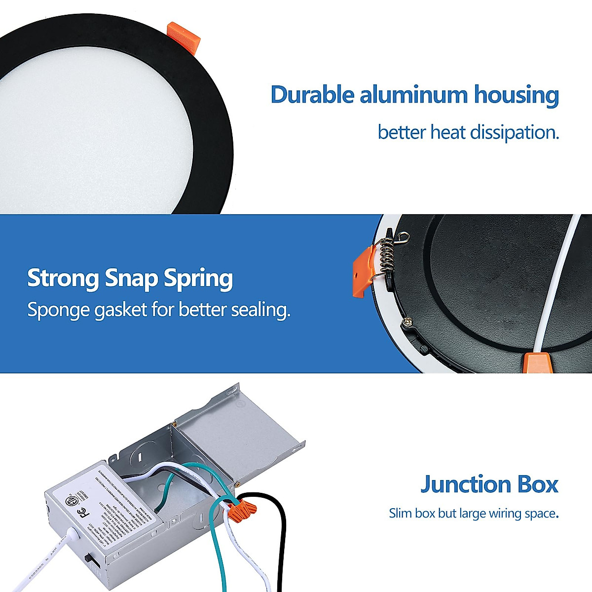 CycevSun 12 Pack Black Recessed Lights, Canless 4 Inch Soffit Wafer Lighting with Junction Box, Dimmable & 2700K 3000K 3500K 4000K 5000K Selectable, 9W, 120Vac, Wet & IC Rated, ETL