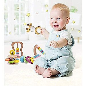 Bopoobo Wooden Baby Rattle-5PCS Natural Crochet Giraffe Organic Montessori Toys Wooden Baby Toys Early Development Rattle Perfect for Baby 6-12 Months Infant Wooden Toy Safe Wood Rattle Crafts