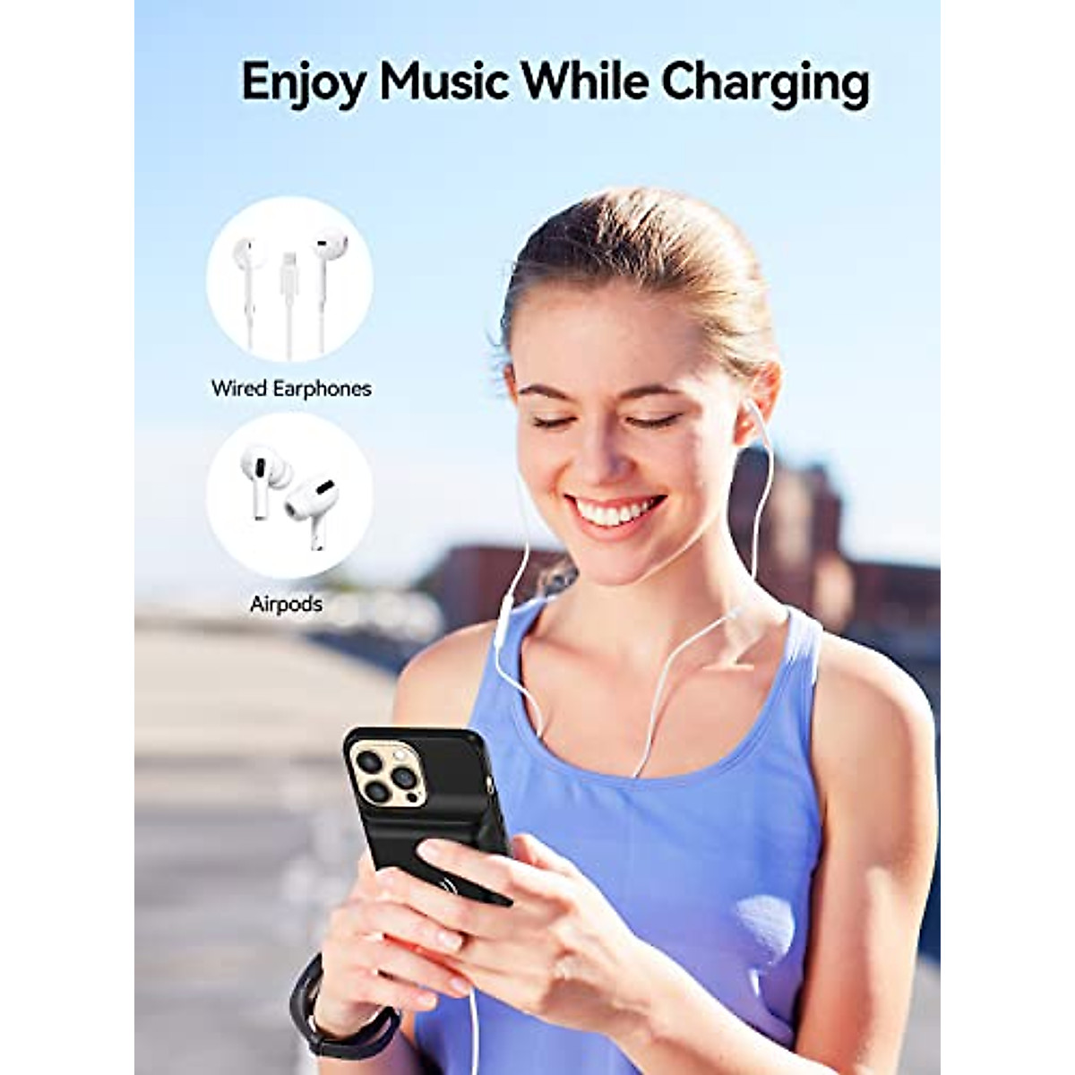 NEWDERY 10000mAh Battery Case for iPhone 14/14 Pro/13/13 Pro, Wireless Charging & Wired Earphone & Sync-Data Supported, Portable Extended Charger Case for iPhone 14/13 Pro, 6.1 inch Black