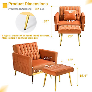 ACMEASE Velvet Accent Chair w/Adjustable Armrests and Backrest, Button Tufted Lounge Chair, Single Recliner Armchair with Ottoman and Pillow for Living Room, Bedroom,Orange