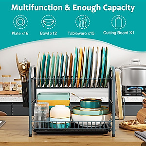 Naturous Dish Rack, 2 Tier Dish Drying Rack Kitchen Organizer with Drain Board, Utensil Holder, Cutting Board Holder, Gray