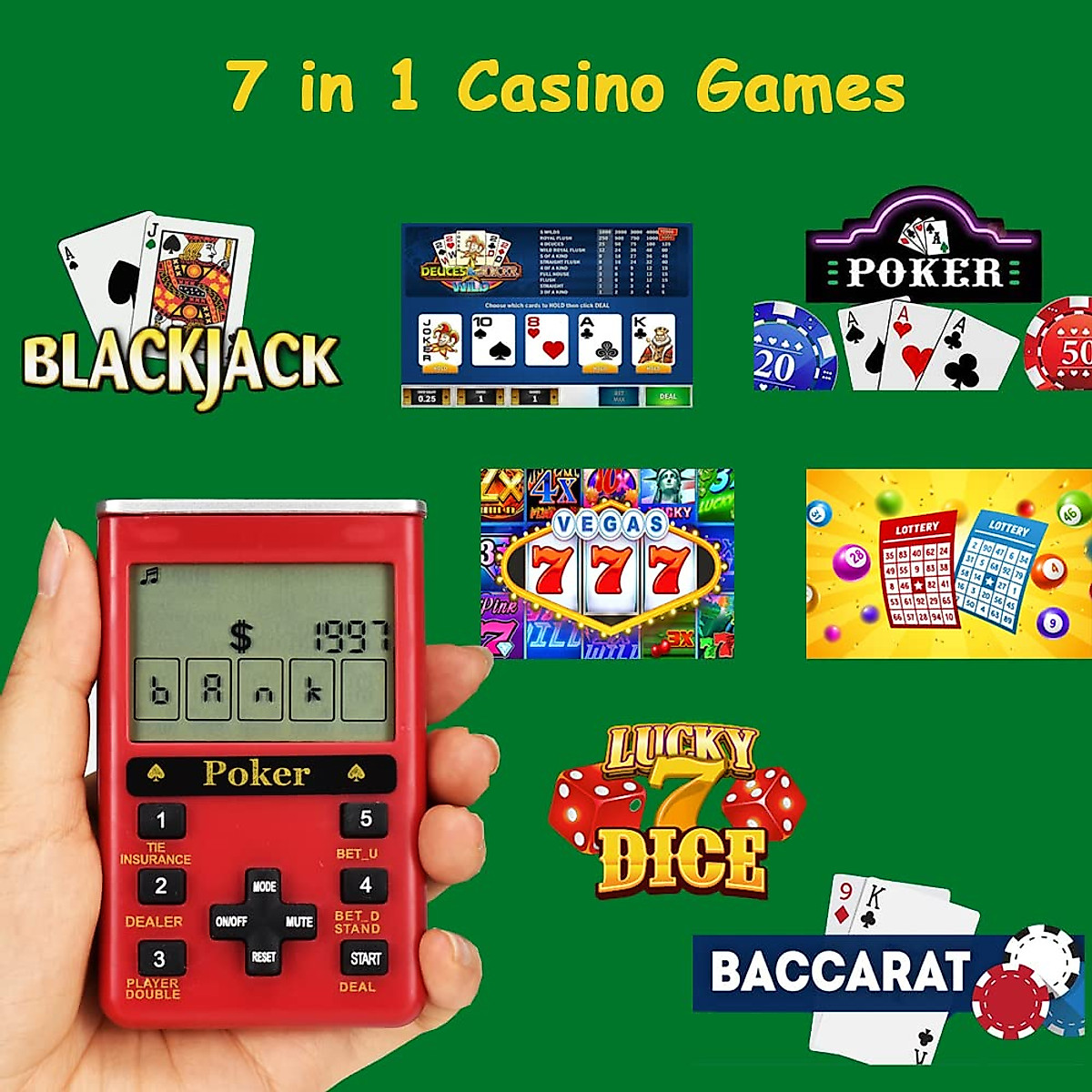 Lyght Electronic Handheld 7 in 1 Poker Game, Blackjack, Deuces, Baccarat, Slot, Lottery, Lucky 7 Dice, Casino Game…