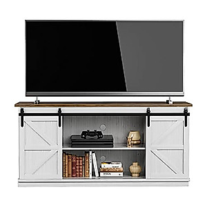 ZPK Farmhouse TV Stand for 65 Inch TV, Modern Television Stands Mid Century Media Entertainment Center with Sliding Barn Doors and Storage Cabinets, Console Table for Living Room, Bedroom (White)