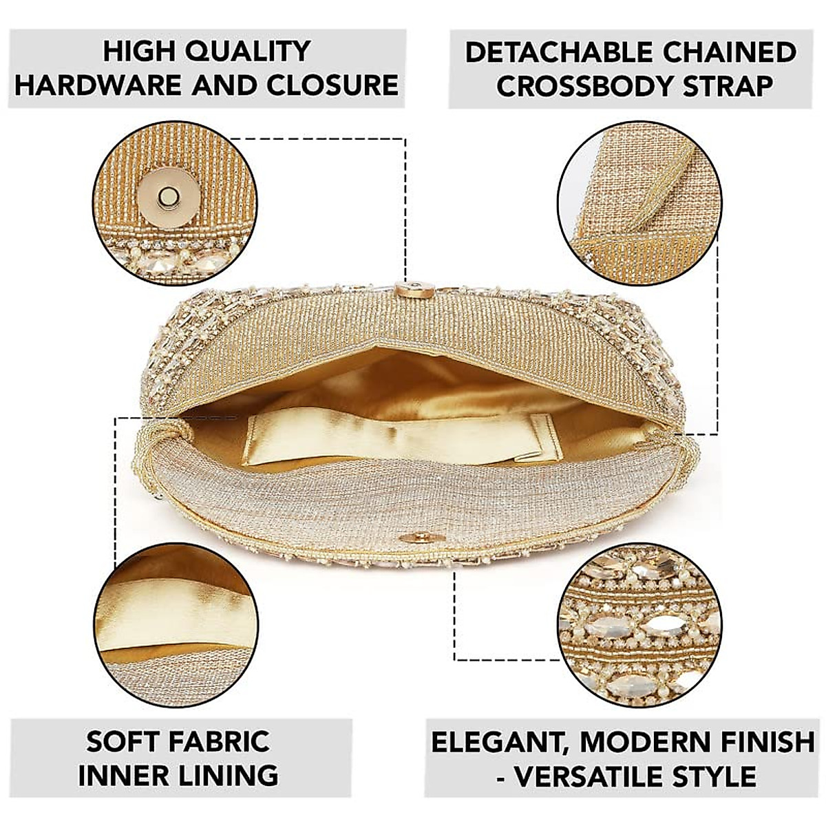 Aheli Clutch Purses Handmade Handbags Gift for Women Wedding Evening Party Bridal Clutch, Champagne Gold Color