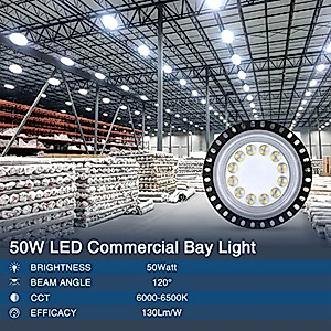 MERRYHE 50W LED UFO High Bay Lighting, 6500K Ultra Thin LED Warehouse Lights Fixture, 4000LM Daylight White 110V IP65 Waterproof Commercial Shop Bay Light Lamp for Area Garage Gym Workshop,4 Pack