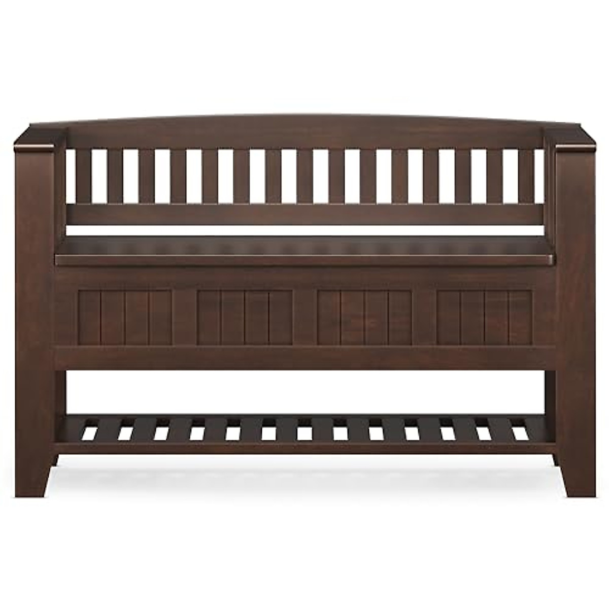 SIMPLIHOME Acadian Solid Wood 48 Inch Wide Transitional Entryway Storage Bench with Shelf in Brunette Brown, for The Living Room, Entryway and Family Room