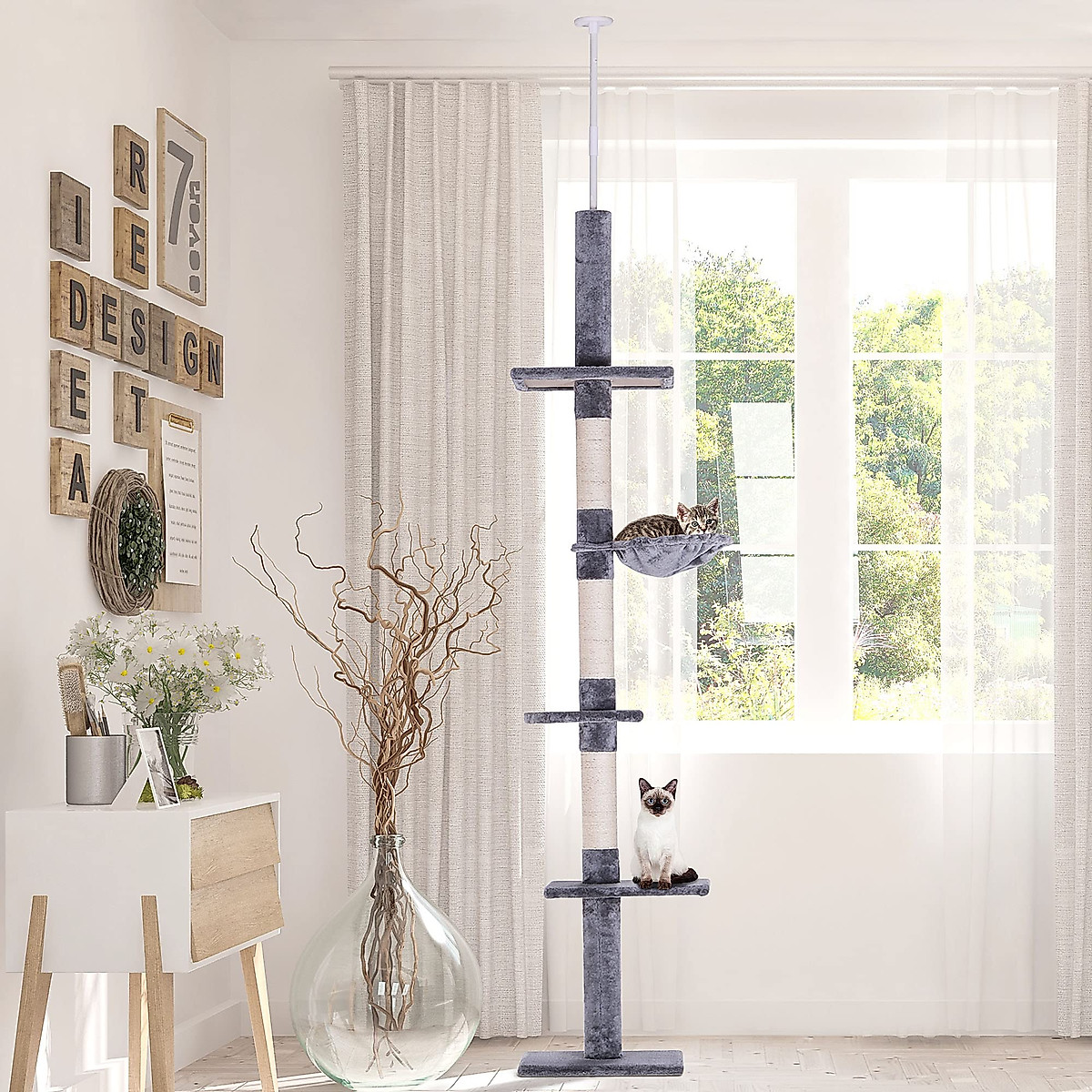 PawHut 8.5' Adjustable Height Floor-to-Ceiling Vertical Cat Tree, Gray and White