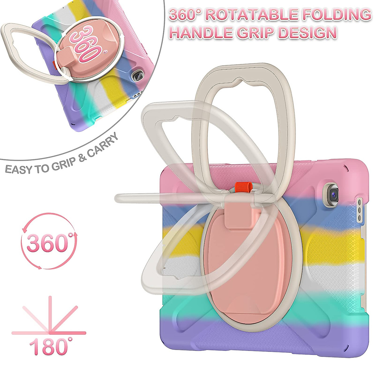 BATYUE Case for Samsung Galaxy Tab A7 Lite;Galaxy Tab A7 Lite Case 8.7 inch 2021 Released( SM-T220/SM-T225)Protective Case for Kids with Pencil Holder,360° Swivel Stand,Shoulder Strap - Colourful Pink