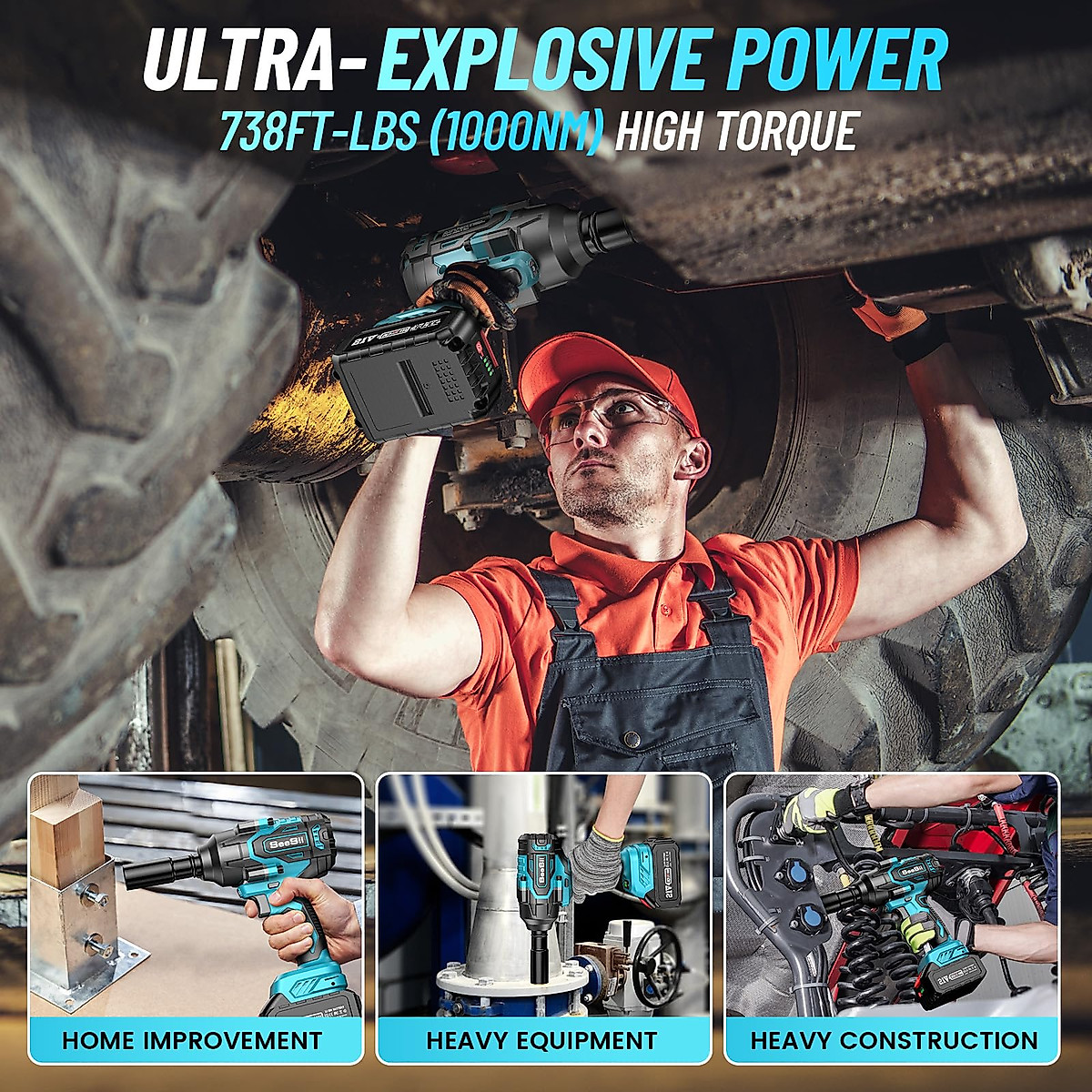 Seesii 1000Nm(738ft-lbs) High Torque Cordless Impact Wrench, 1/2 Brushless Battery Impact Gun w/ 5.0Ah Battery,Fast Charger, 5pcs Sockets & Storage Tool Box, Electric Impact Wrench for Car Truck,WH750