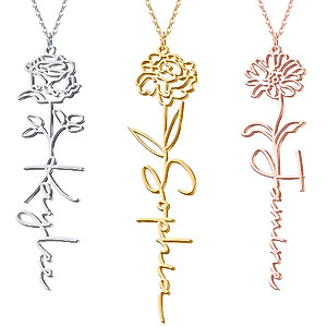 Yofair Name Necklace with Birth Flower 18K Gold Plated Floral Custom Necklace Personalized Bridesmaid Proposal Gifts for Women