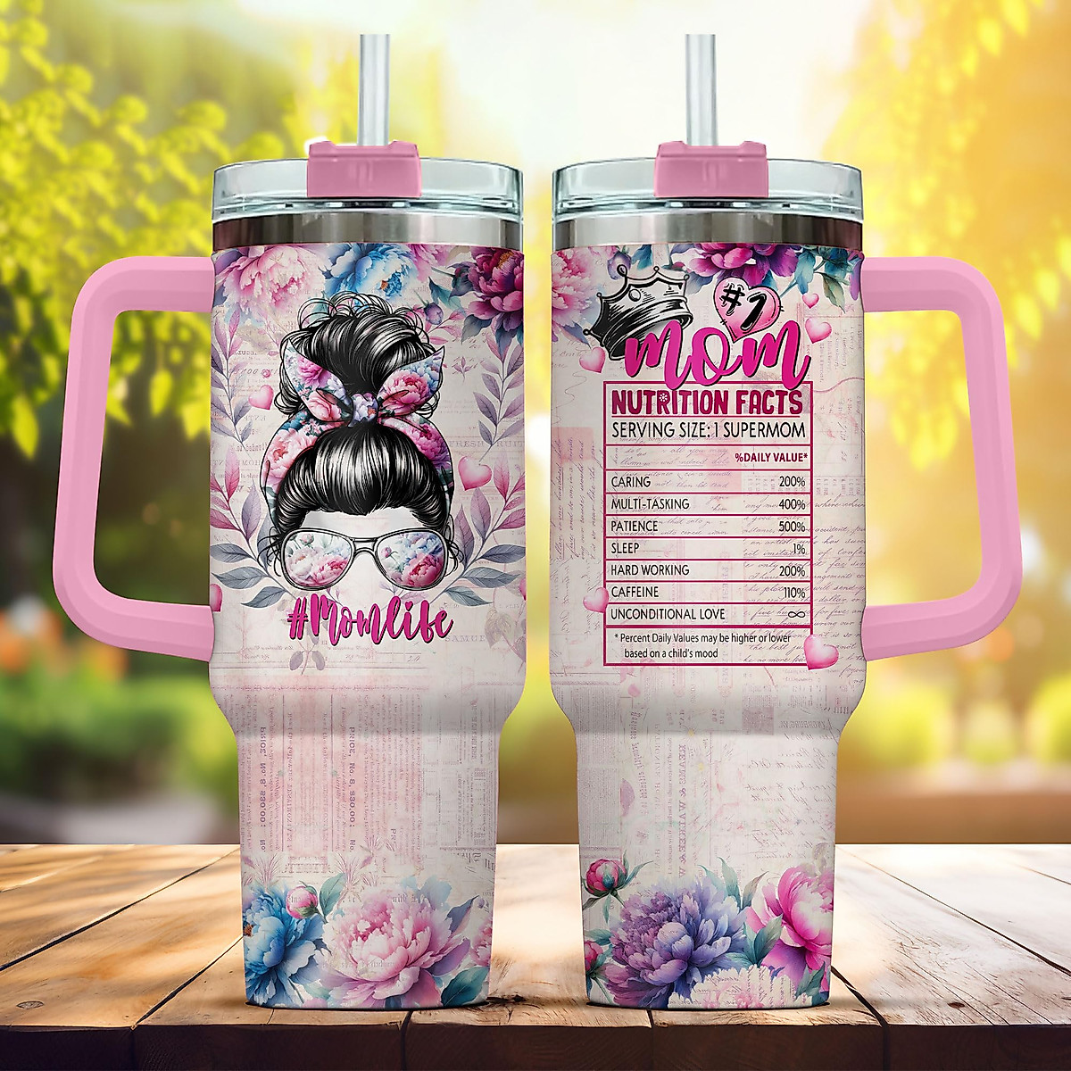 99WHALE To Rose Handle Parade For Steel Flower Mommy Eleven Momma Mama Funny, Mom Gifts, Mom Life Messy Bun Floral Nutrition Facts, Tumbler 40 Oz With Handle Lid And Straw