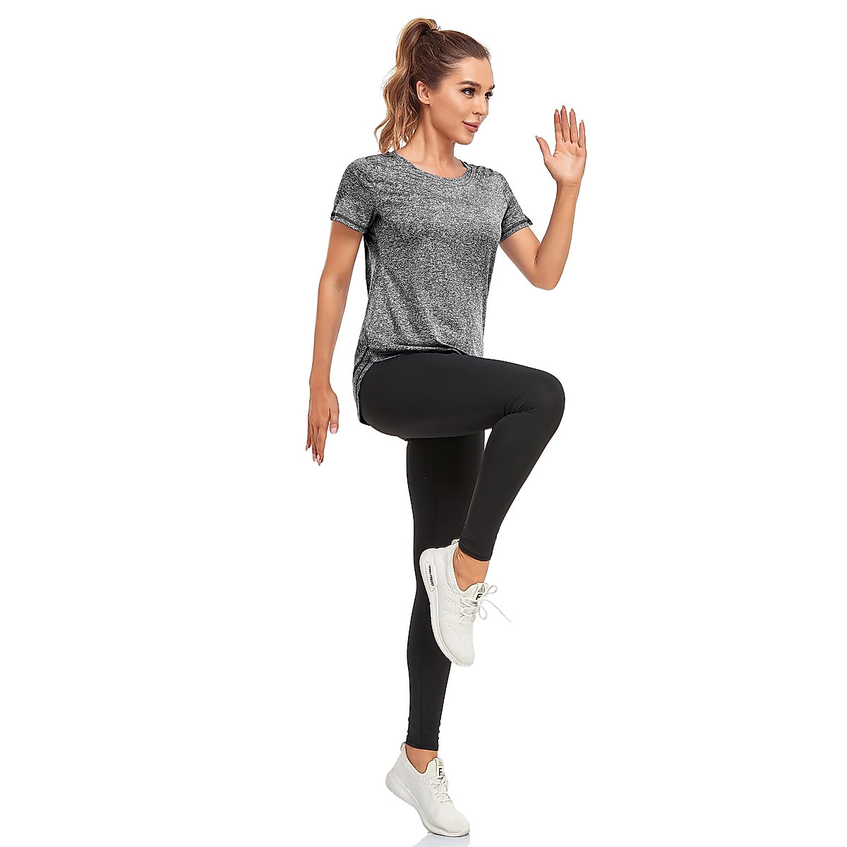 Abrooical Short Sleeve Yoga Tops for Women Workout Curved Hem Side Split Casual Sports Outfit Tees Dark Grey XX-Large