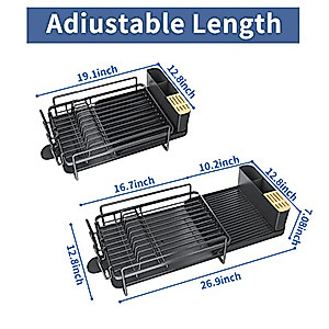 HERJOY Dish Drying Rack for Kitchen Counter, Large Dish Rack Expandable Black Drying Dish Drainers Rack, Anti-Rust Drying Rack with Drainboard and Cup Holders Rack Organizer