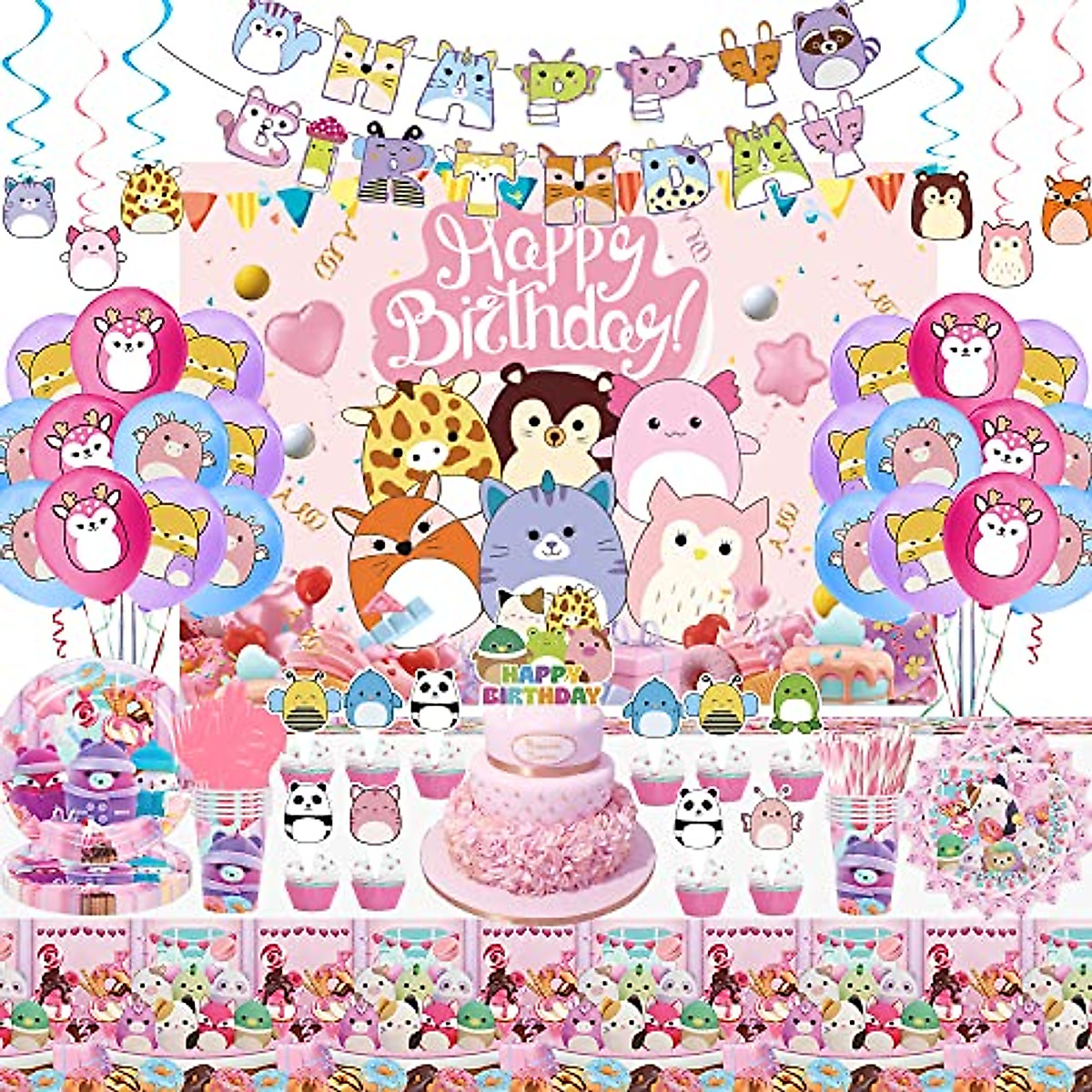 PCS Cute Kitty Party Supplies, Pink Cat Party Decoration Include Balloons, Backdrop, Tablecloth, Cake topper, Plates, Hanging Swirls Party Favors for Serves 10 Guests
