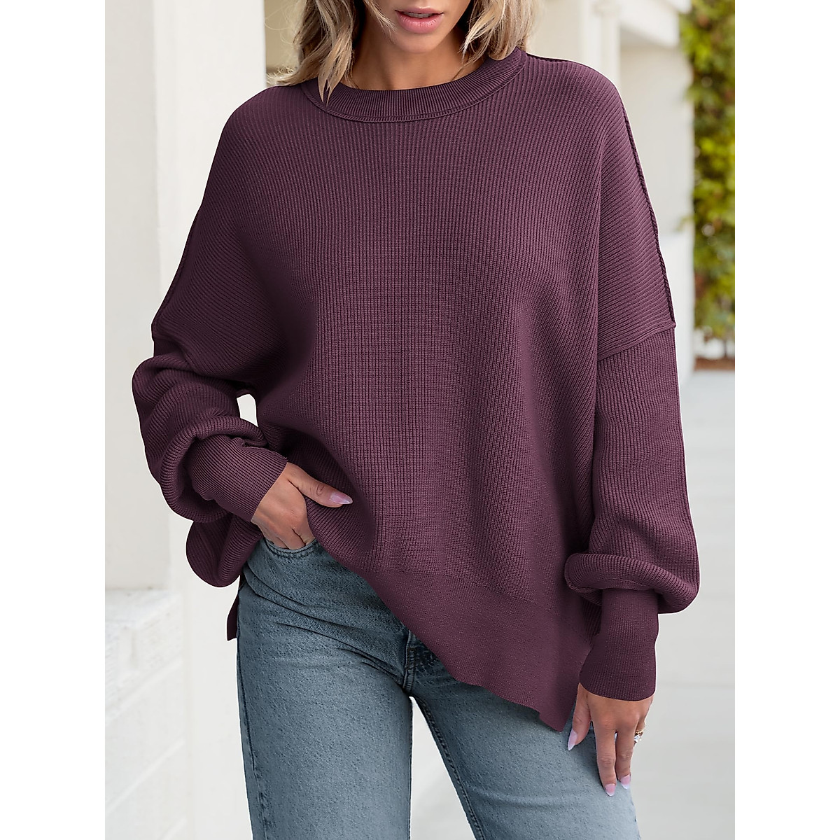 ANRABESS Women Crewneck Batwing Long Sleeve 2024 Fall Oversized Side Slit Ribbed Knit Pullover Sweaters Top Cozy Outfits Fuchsia Medium