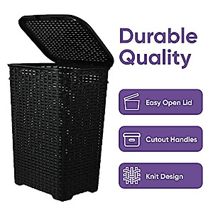 Laundry Hamper Basket With Lid 60 Liter -2 Pack Deluxe Wicker Style Black Color - 1.70 Bushel Bin With Cutout Handles To Storage Dirty Cloths in Washroom Bathroom, Or Bedroom. By Superio