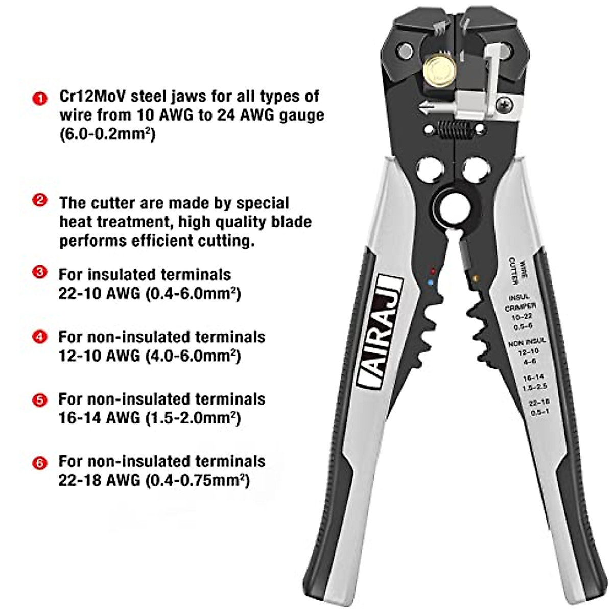 AIRAJ PRO Self Adjusting Wire Stripper,3 in 1 Heavy Duty Wire Cutter Stripper Crimper Tool,Universal Wire Stripping Cutting for 10-24 AWG Wire Cutter for Electrical Cable Cutting,Crimping Tool