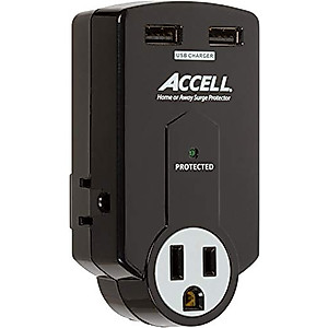 Accell Power Travel Surge Protector - 3 Outlets, 2 USB Charging Ports (2.1A Output), Folding Plug - Black, 612 Joules, ETL Listed