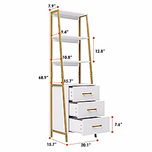 HITHOS 4-Tier Bookshelf, Tall Bookcase with 3 Wooden Drawers, Modern Ladder Book Shlef Storage Organizer for Living Room, Entryway, Office, White Gold