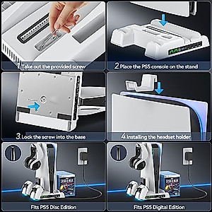 PS5 Stand and Cooling Station with AC Adapter, PS5 Cooling Fan with RGB LED Controller Charging Station for Playstation 5 Console, PS5 Accessories with Controller Charger, 3 USB Hub, Headset Holder