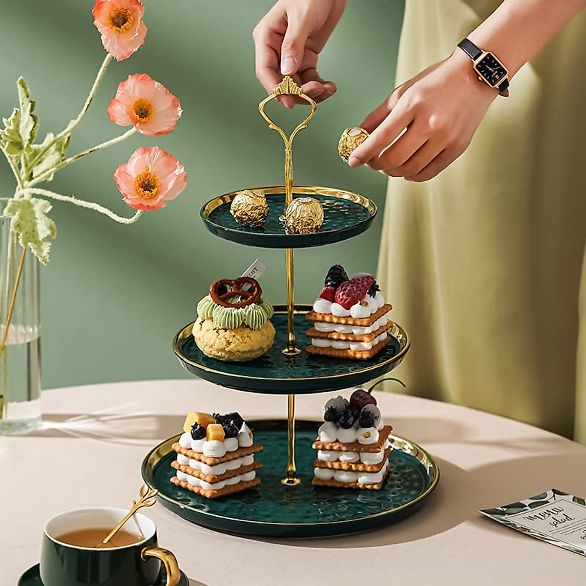 Tosnail Set of 2 Porcelain Cupcake Stand Ceramic Dessert Stand Tiered Serving Trays with Gold Rod, 3 Tiers and 2 Tiers Cake Stand Party Serving Trays Fruit Pastry Holders for Wedding and Party