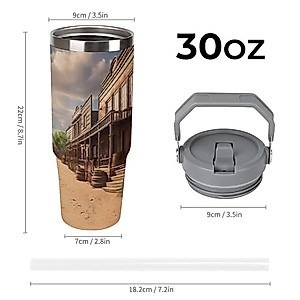 BWQJKUO Large Capacity Car Cup 30 Oz Stainless Steel Old Wild West Cowboy Town Printed Travel Mug Leak-proof Flip Straw Tumbler with Handle,keeps Cold Or Ho