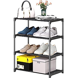 SHELAKET Stackable Small Shoe Rack，Upgrade 4-Tier Kids Shoe Shelf Storage Organizer for Entryway, Hallway and Closet (Black)