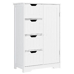 FOTOSOK Bathroom Floor Cabinet, Freestanding Storage Cabinet with 4 Drawers & 1 Cupboard, Adjustable Shelf for Bathroom Entryway Living Room, White