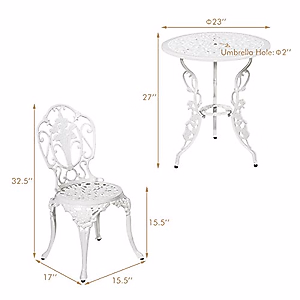 Giantex 3 Piece Bistro Set Cast Tulip Design Antique Outdoor Patio Furniture Weather Resistant Garden Round Table and Chairs w/Umbrella Hole