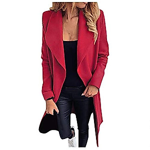 Akabsh Women Fashion Long Coat Woolen Pocket Cardigan Lace-up Long Sleeve Jacket Solid Color Coat Women Coat Tops Cardigan