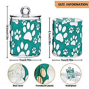 Fustylead 2 Pack Teal Dog Paw Prints Plastic Apothecary Jar Set for Bathroom Storage, Qtip Holder Dispensers for Cotton Ball, Swab, Round Pads, Floss