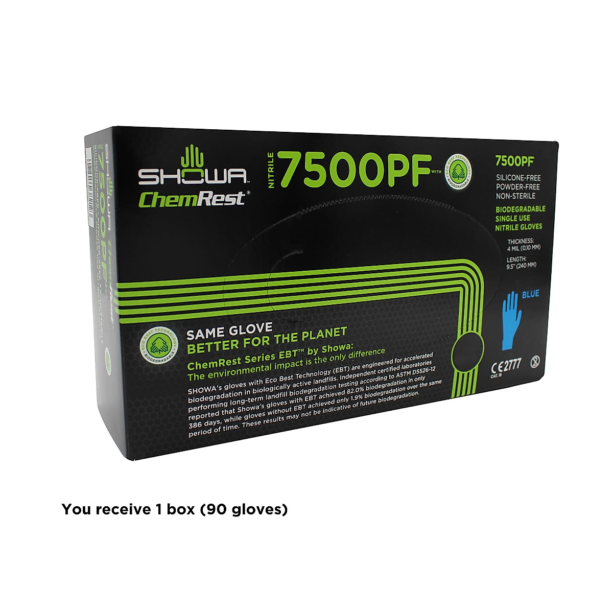 SHOWA 7500PF Biodegradable Powder-Free Nitrile Disposable Safety Glove, Food Safe, 4 Mil Thick, 9.5&quot; Length, X-Small (1 Box)