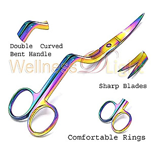 WellnessD'Light Set of 2 Multi Rainbow Color 6 Inch Stainless Steel Applique Duckbill Scissors Blade with Offset Handle & 6 Inch Machine Embroidery Double Curved Scissors Bundle by WDL