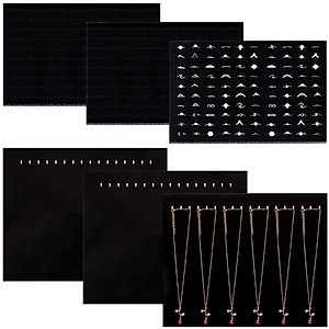 Yinkin 6 Pcs Black Velvet Jewelry Tray Display Organizer 100 Slots Ring Holder 17 Hook Necklace Display Stands for Selling Ring Display Foam Inserts
