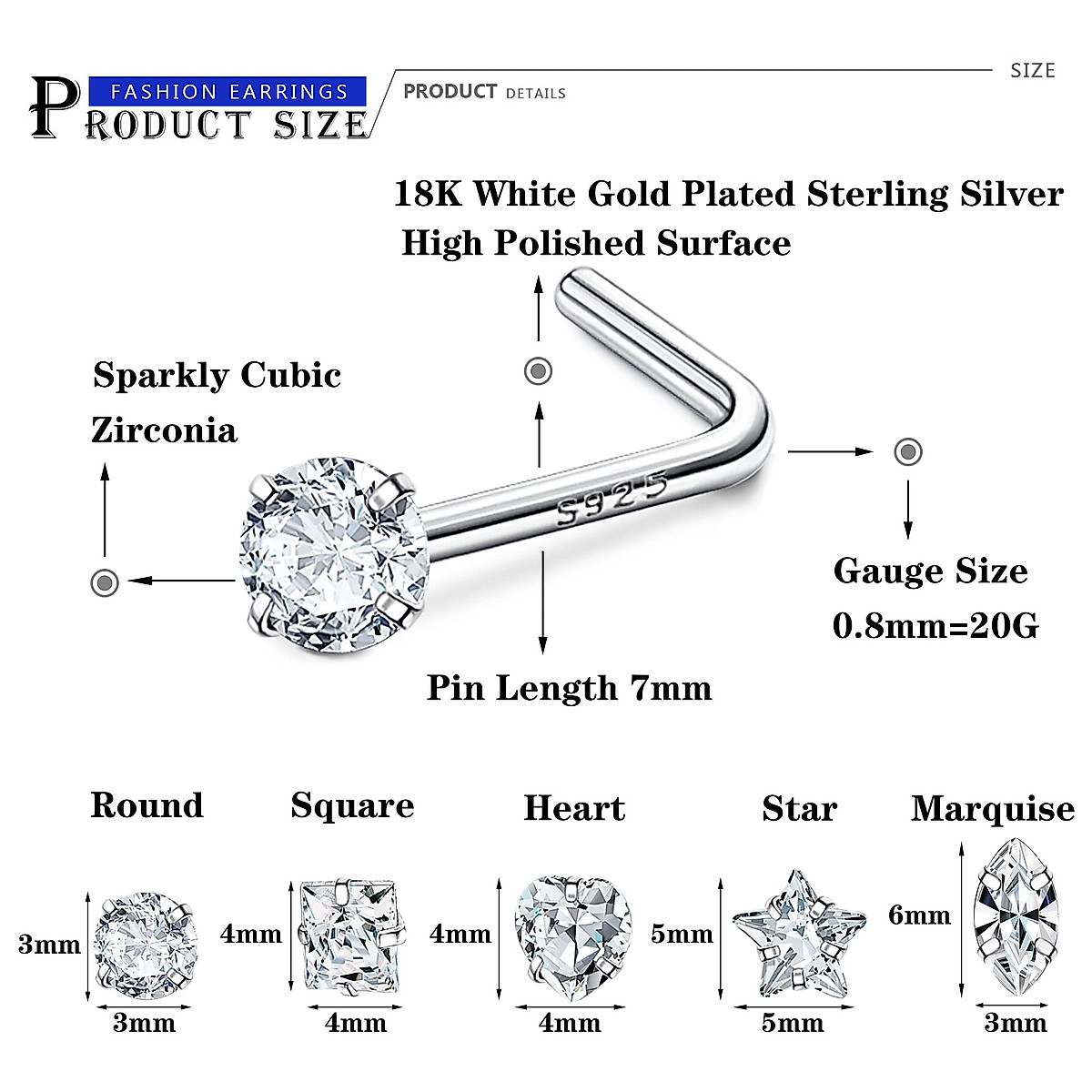 MILACOLATO 8Pcs 20G Sterling Silver Nose Rings Studs for Women Men Star Marquise Heart Square Round Shaped CZ Nose Stud L Shape Nose Ring Body Piercing Jewelry