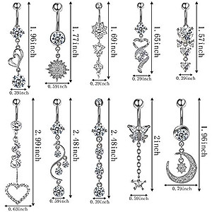 NEWITIN 10 Pieces 14G Belly Button Rings Dangle 316L Surgical Steel Navel Rings Cubic Zirconia Belly Piercing Jewelry Belly Dangle Rings for Women