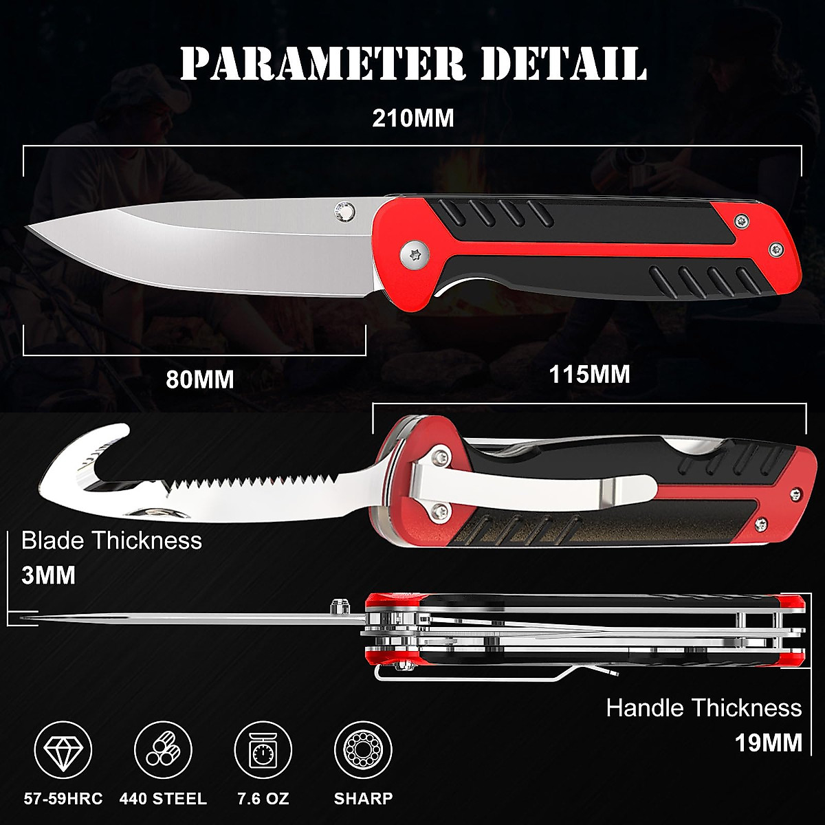 YiMai Pocket Knife, Multipurpose folding knife with Serrated Blade and Seatbelt Cutter - Work Camping Survival Hiking Gardens Trimming Pocket Knives (Hei&Hong)